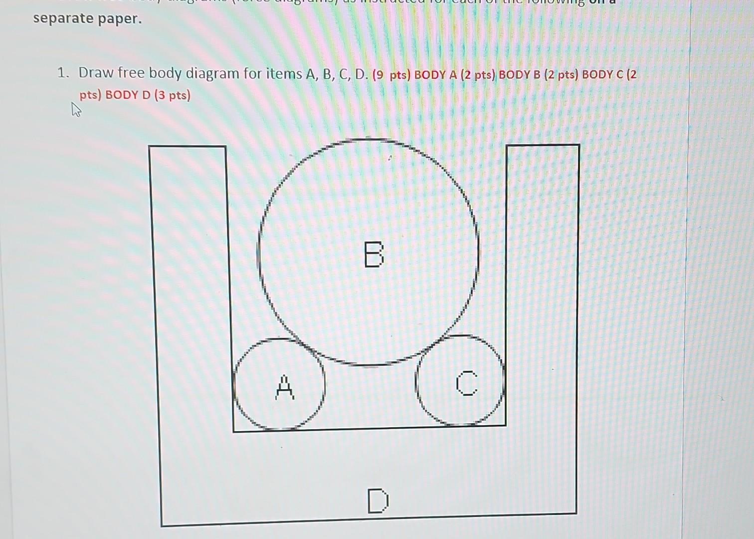 Solved 1. Draw free body diagram for items A, B, C, D. (9 | Chegg.com Solved 1. Draw free body diagram for items A, B, C, D. (9 | Chegg.com
