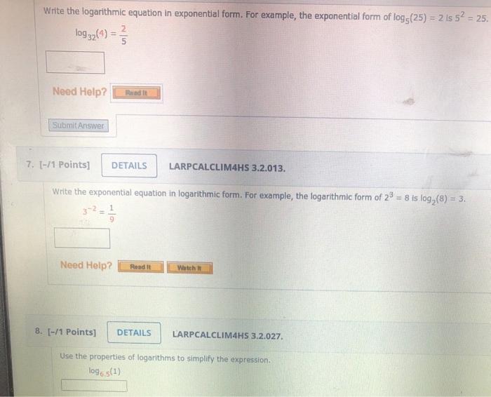 Solved Write the logarithmic equation in exponential form. | Chegg.com