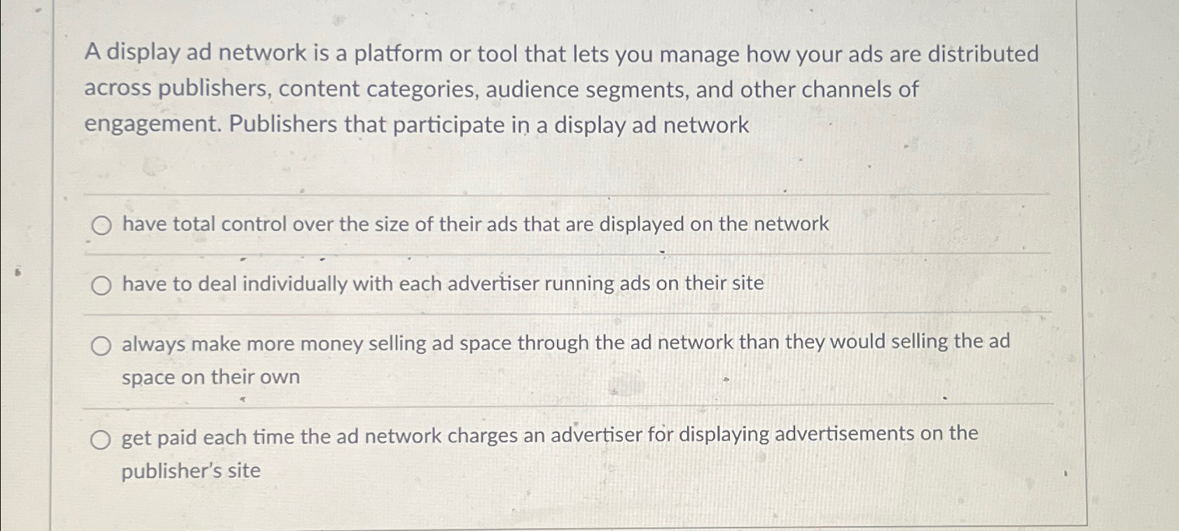 Solved A display ad network is a platform or tool that lets | Chegg.com