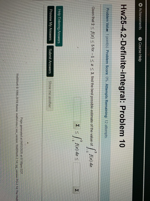 Solved Hw25-4.2-Definite-integral: Problem 7 Problem Value 1 | Chegg.com
