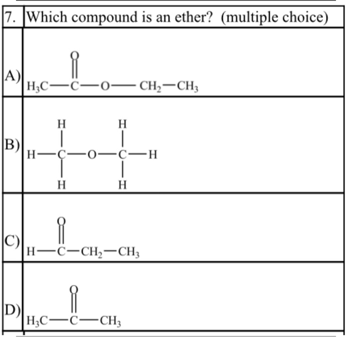 Solved 7. Which compound is an ether? (multiple choice) 1 A) | Chegg.com