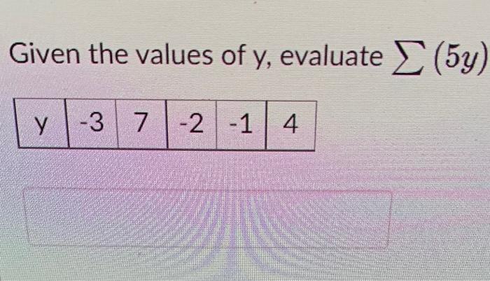 Solved Given the values of y, evaluate ∑(5y) | Chegg.com