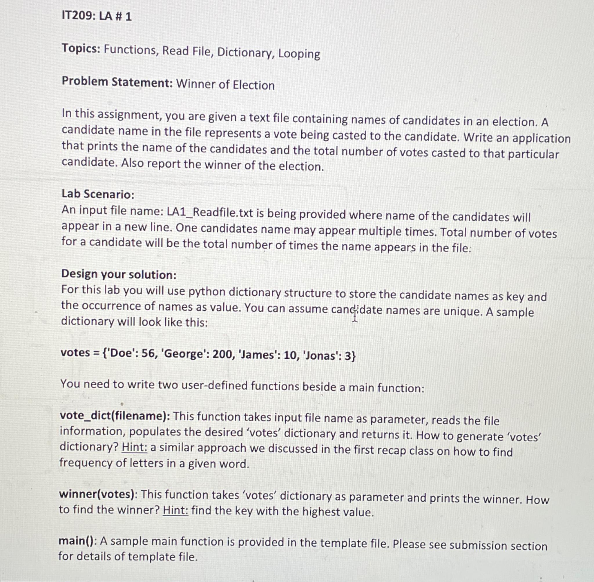 Solved IT209: LA # 1Topics: Functions, Read File, | Chegg.com