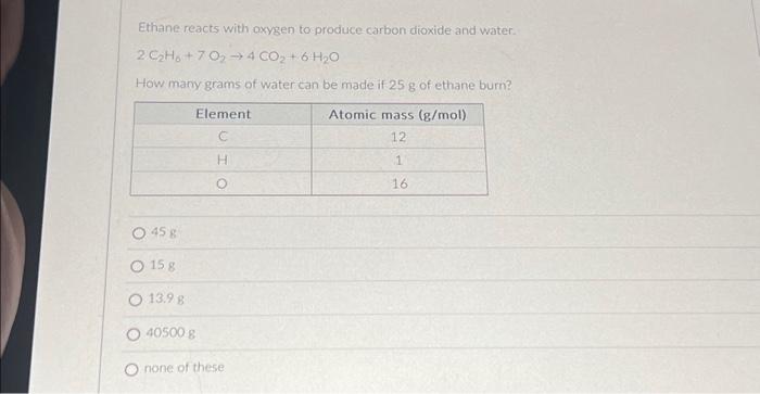Solved Ethane reacts with oxygen to produce carbon dioxide | Chegg.com