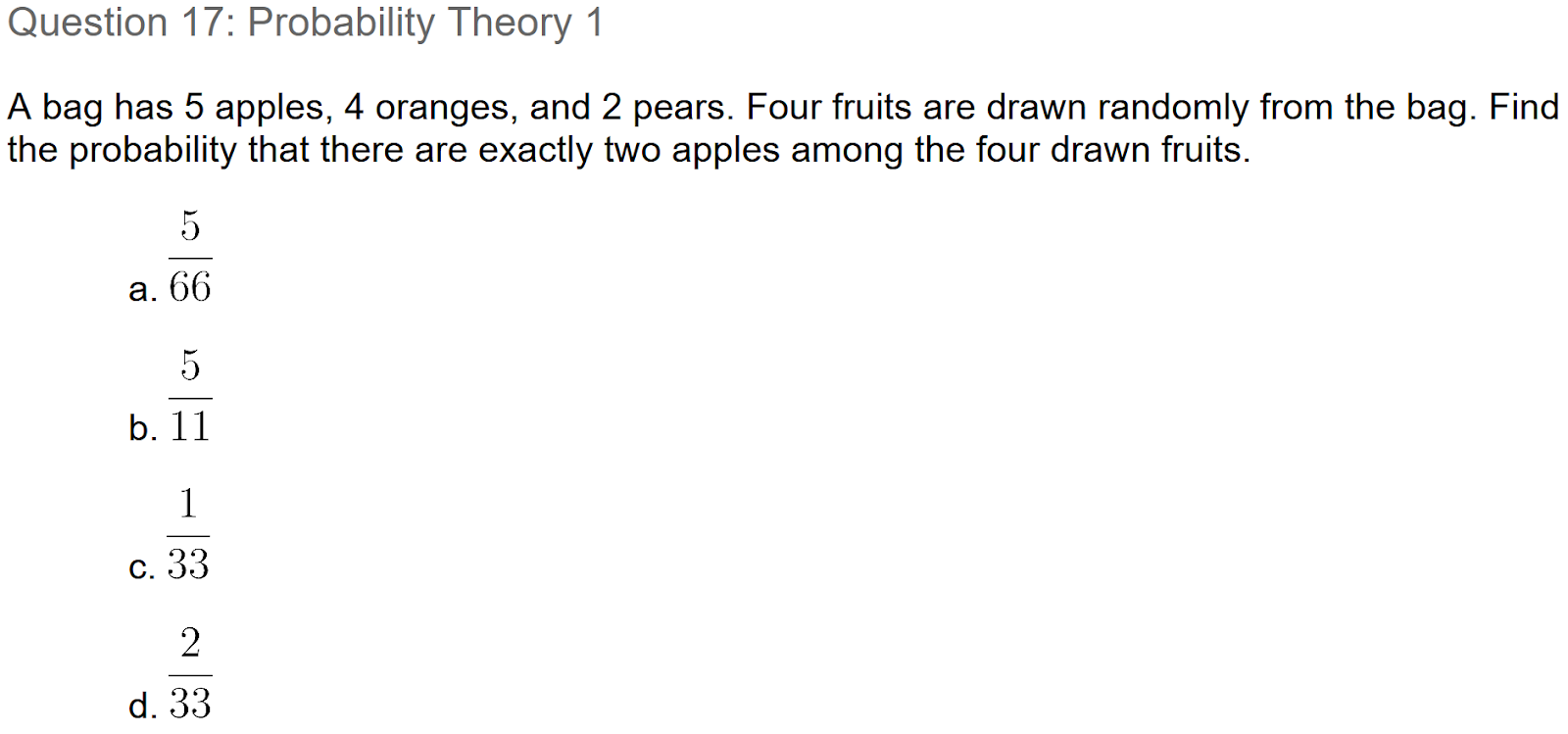 Solved Question 17: Probability Theory 1A bag has 5 ﻿apples, | Chegg.com