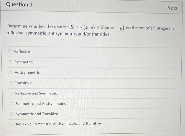Solved Determine whether the relation R={(x,y)∈Z∣x=−y} on | Chegg.com