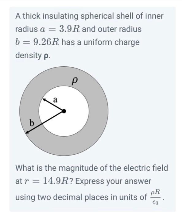 Solved A thick insulating spherical shell of inner radius | Chegg.com