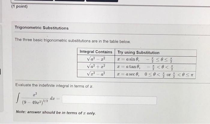 Solved (1 point) Trigonometric Substitutions The three basic | Chegg.com