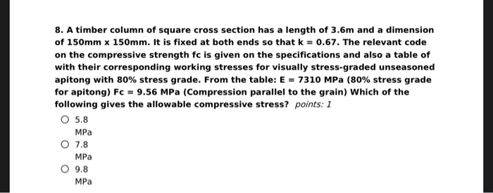 Solved 8. A timber column of square cross section has a | Chegg.com