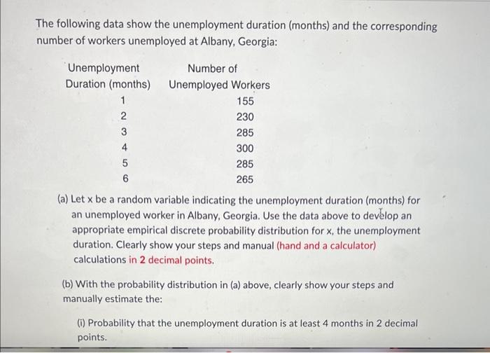 Solved The following data show the unemployment duration | Chegg.com