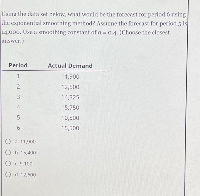 Solved Using the data set below, what would be the forecast | Chegg.com