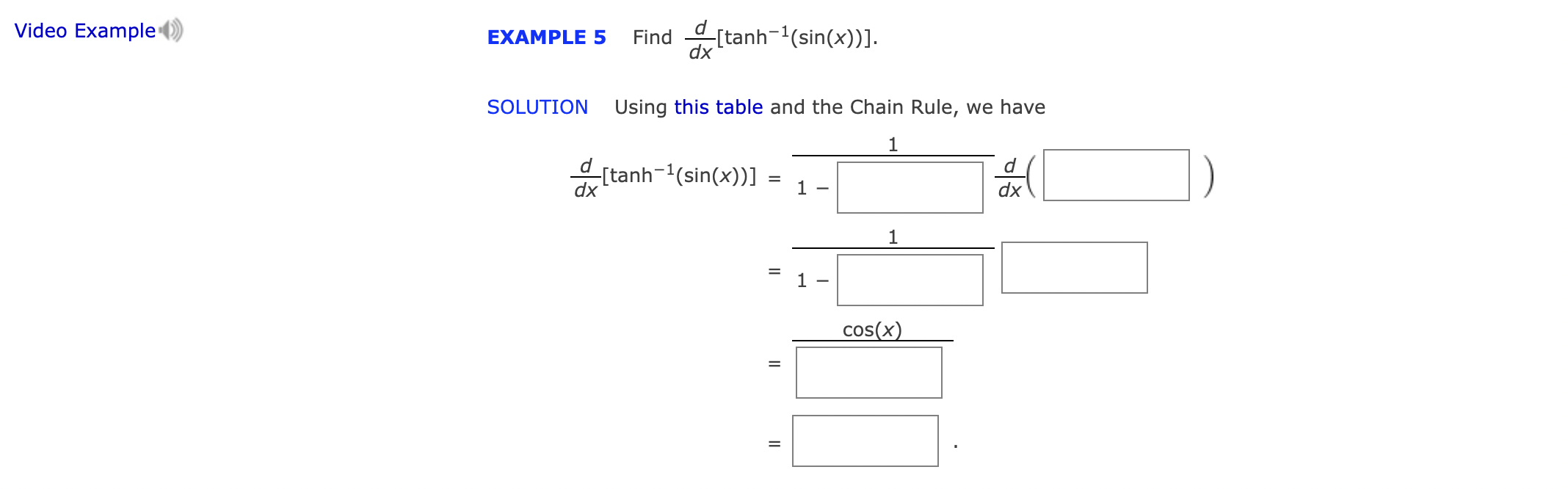 Solved EXAMPLE 5 ﻿Find ddx[tanh-1(sin(x))].SOLUTION Using | Chegg.com