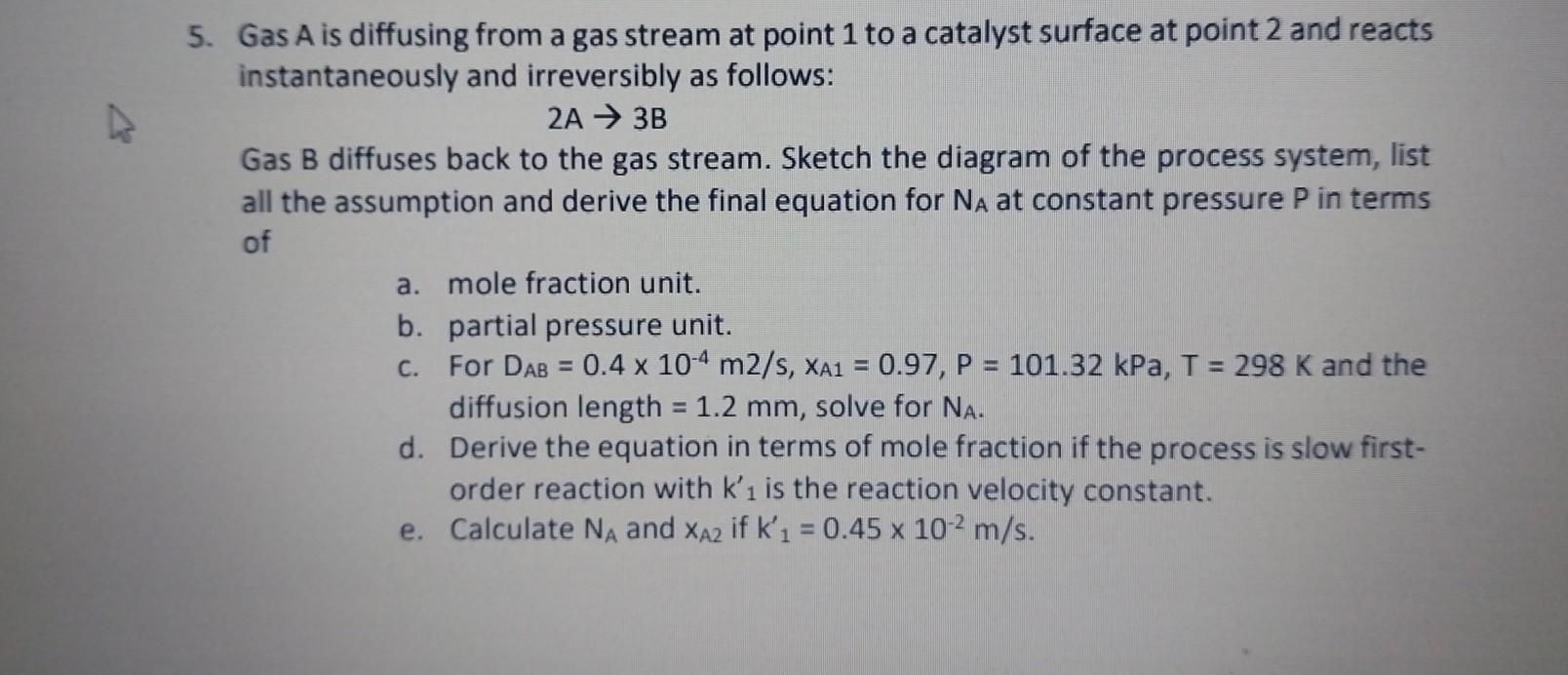 Solved Gas A is diffusing from a gas stream at point 1 to a | Chegg.com