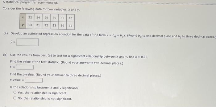 Solved Consider the following data for two variables, x and | Chegg.com