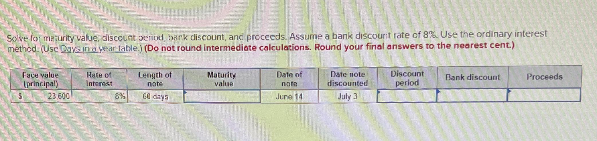 Solve for maturity value, discount period, bank | Chegg.com