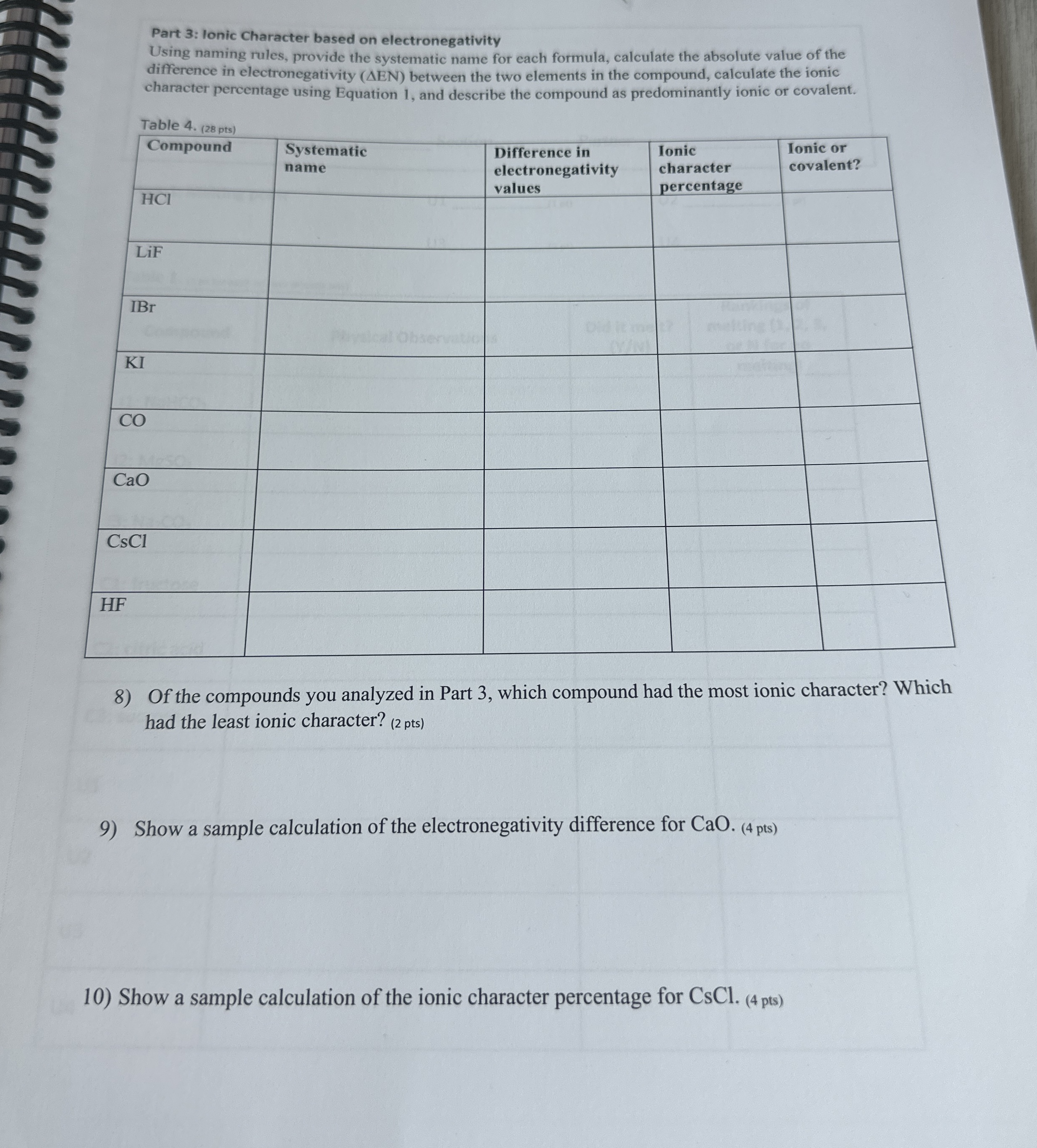 Solved Part 3: Ionic Character based on | Chegg.com