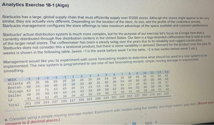 Solved Analytics Exercise 18-1 (Algo) Starbucks has a large, | Chegg.com