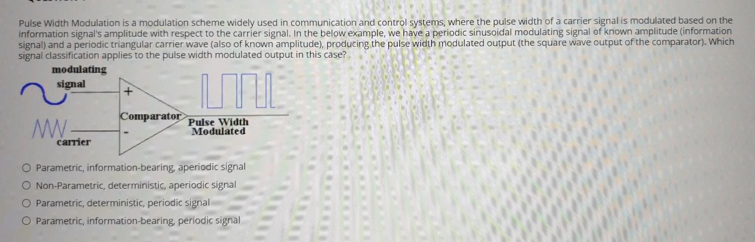Solved Pulse Width Modulation is a modulation scheme widely | Chegg.com