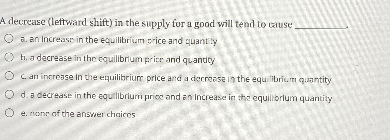 Solved A decrease (leftward shift) ﻿in the supply for a good | Chegg.com