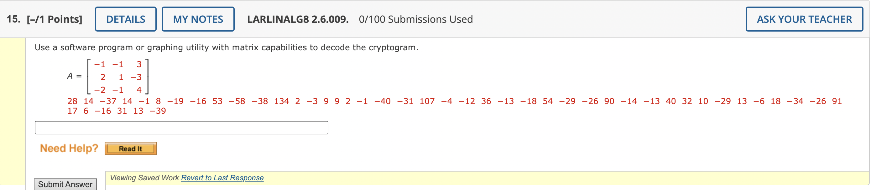 Solved Points]LARLINALG8 2.6.009. 0100 ﻿Submissions UsedUse | Chegg.com
