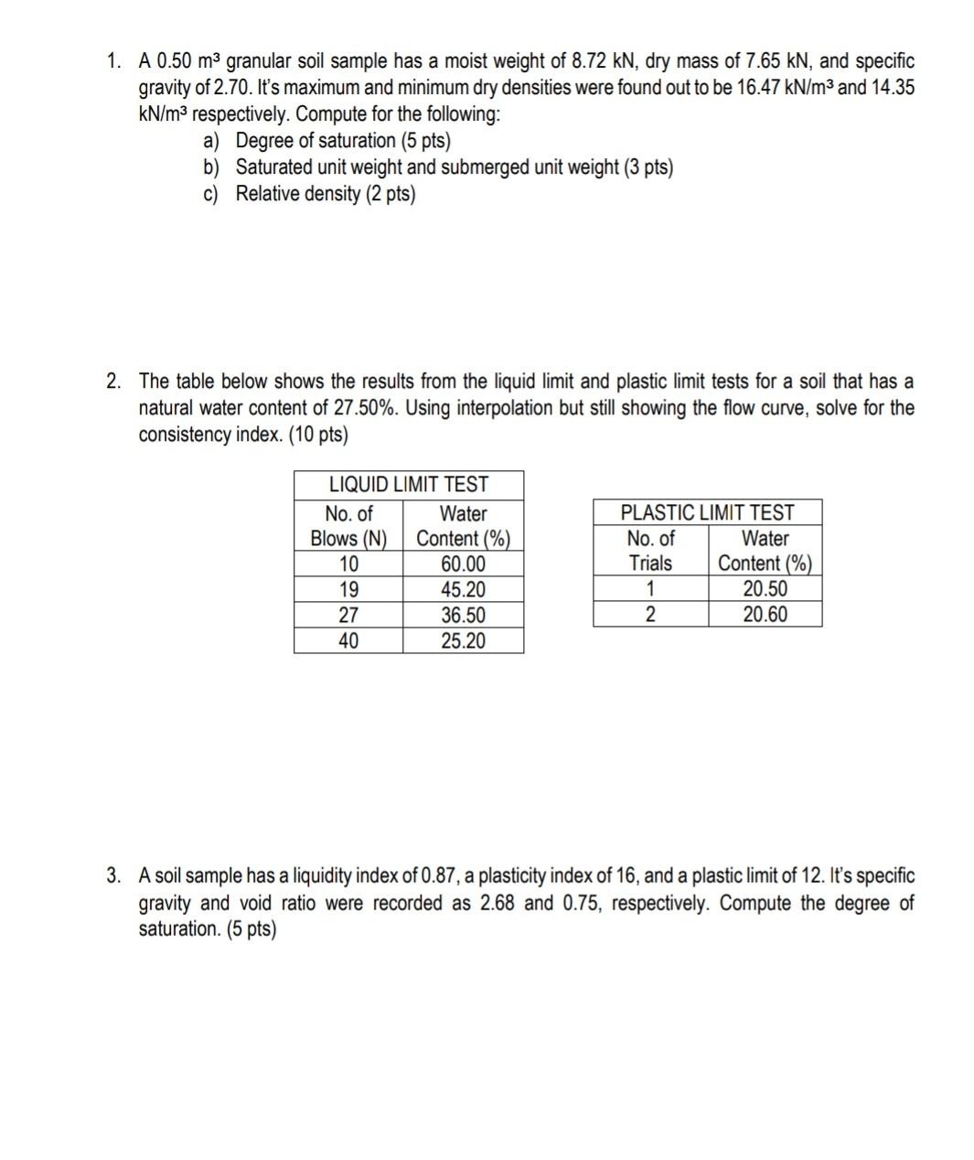 Solved 1. A 0.50 m3 granular soil sample has a moist weight | Chegg.com