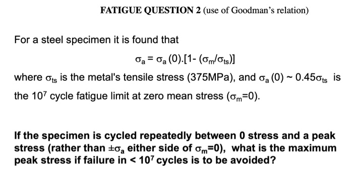 Solved FATIGUE QUESTION 2 (use of Goodman's relation) For a | Chegg.com