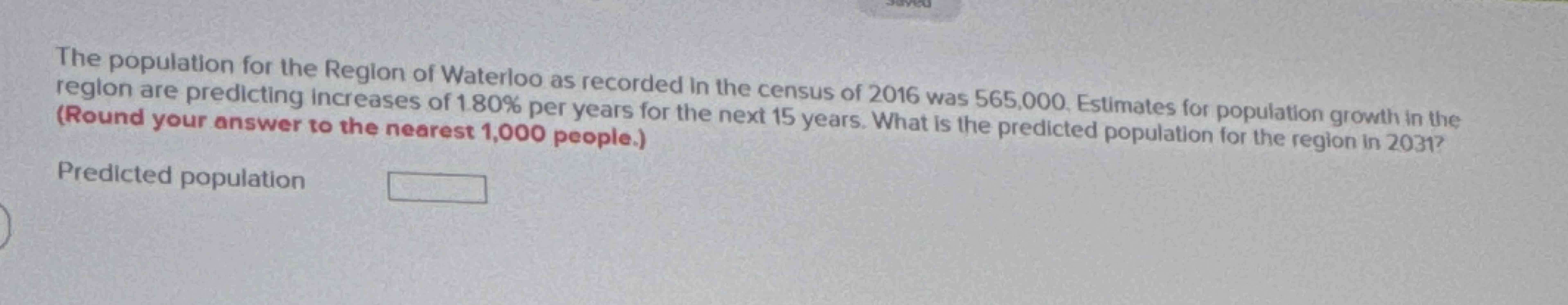 Solved The population for the Region of Waterloo as recorded | Chegg.com