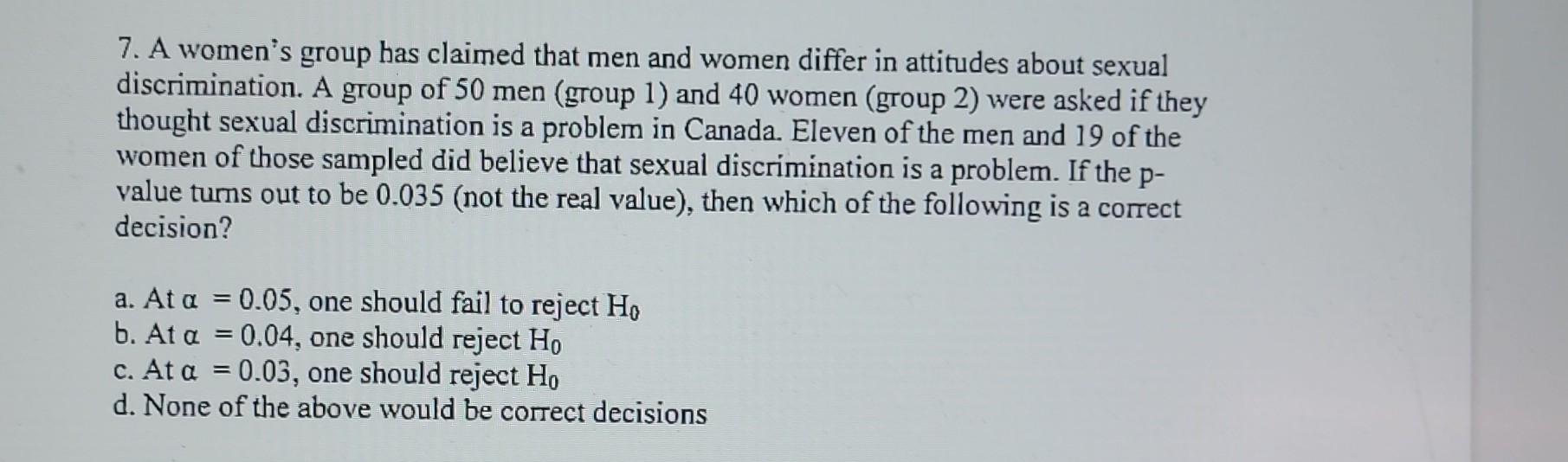 Solved 7. A women's group has claimed that men and women | Chegg.com