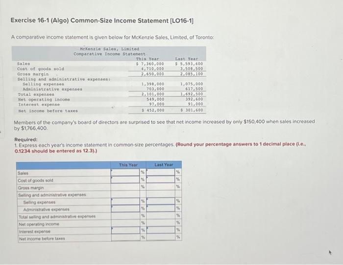 Solved Exercise 16-1 (Algo) Common-Size Income Statement | Chegg.com