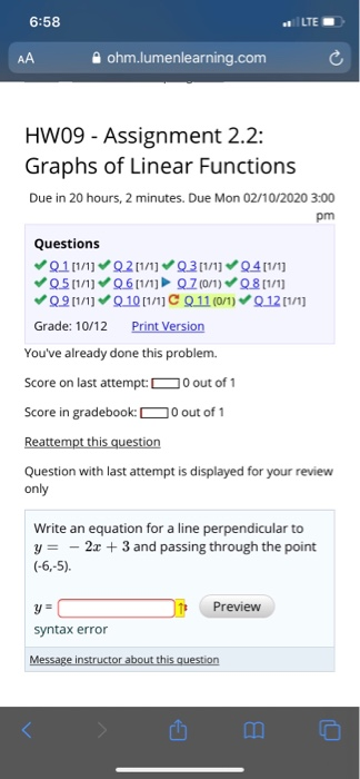 Solved 6:58 - LIE AA ohm.lumenlearning.com HW09 - Assignment | Chegg.com