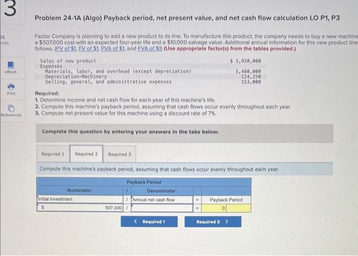 Solved Problem 24-1A (Algo) Payback period, net present | Chegg.com