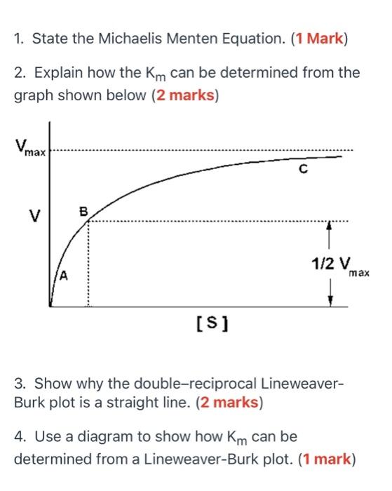 Solved 1. State the Michaelis Menten Equation. (1 Mark) 2. | Chegg.com