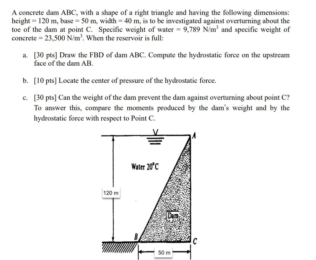 Solved A concrete dam ABC, with a shape of a right triangle | Chegg.com