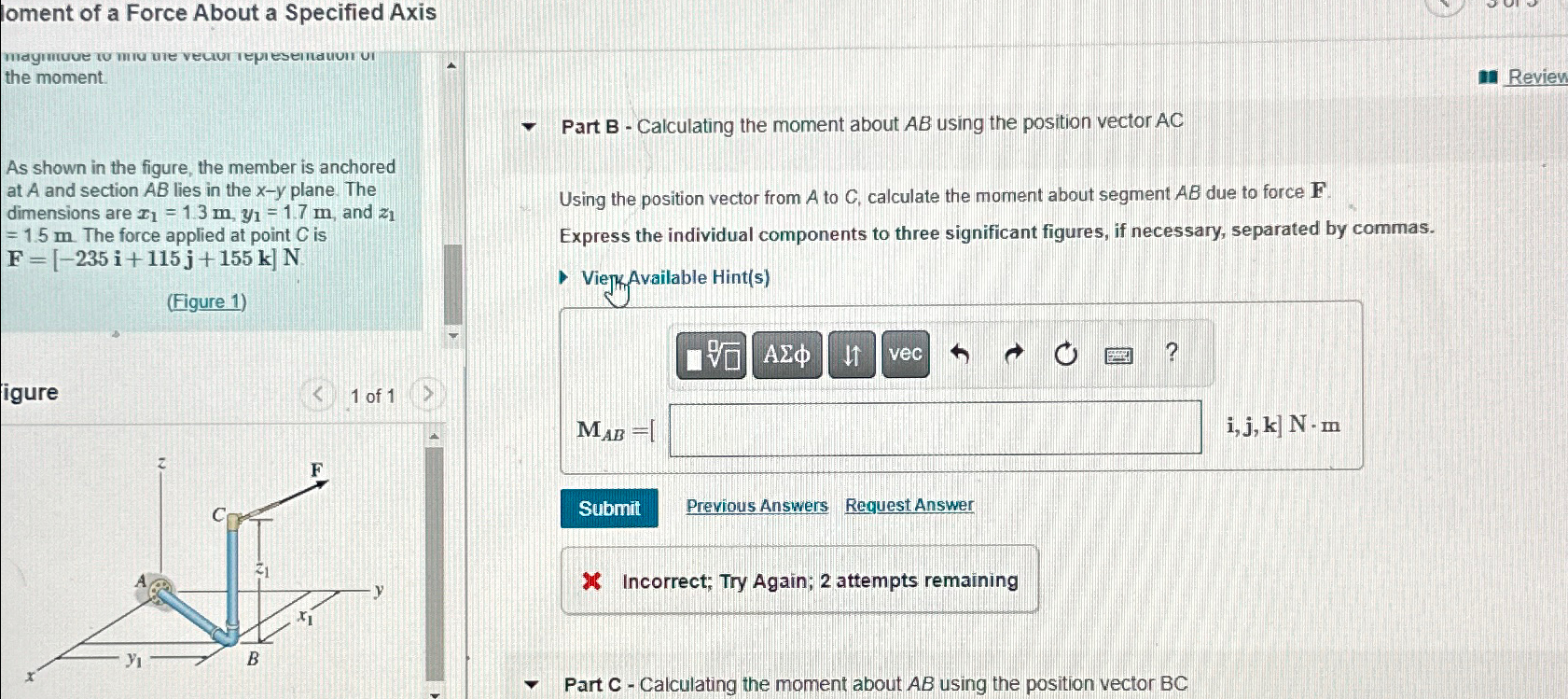 Solved loment of a Force About a Specified Axismagriuve to | Chegg.com