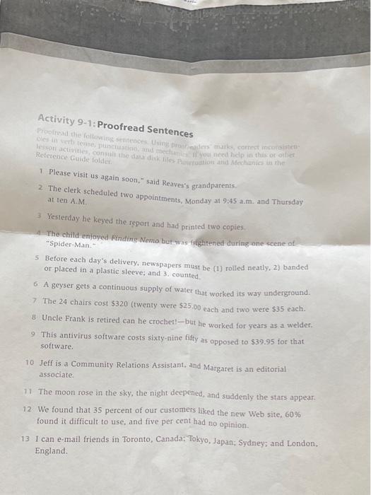 Activity 9-1: Proofread Sentences Proofread the | Chegg.com