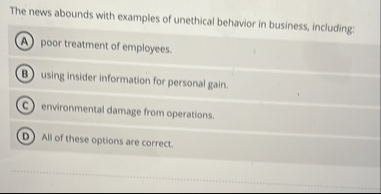Solved The news abounds with examples of unethical behavior | Chegg.com