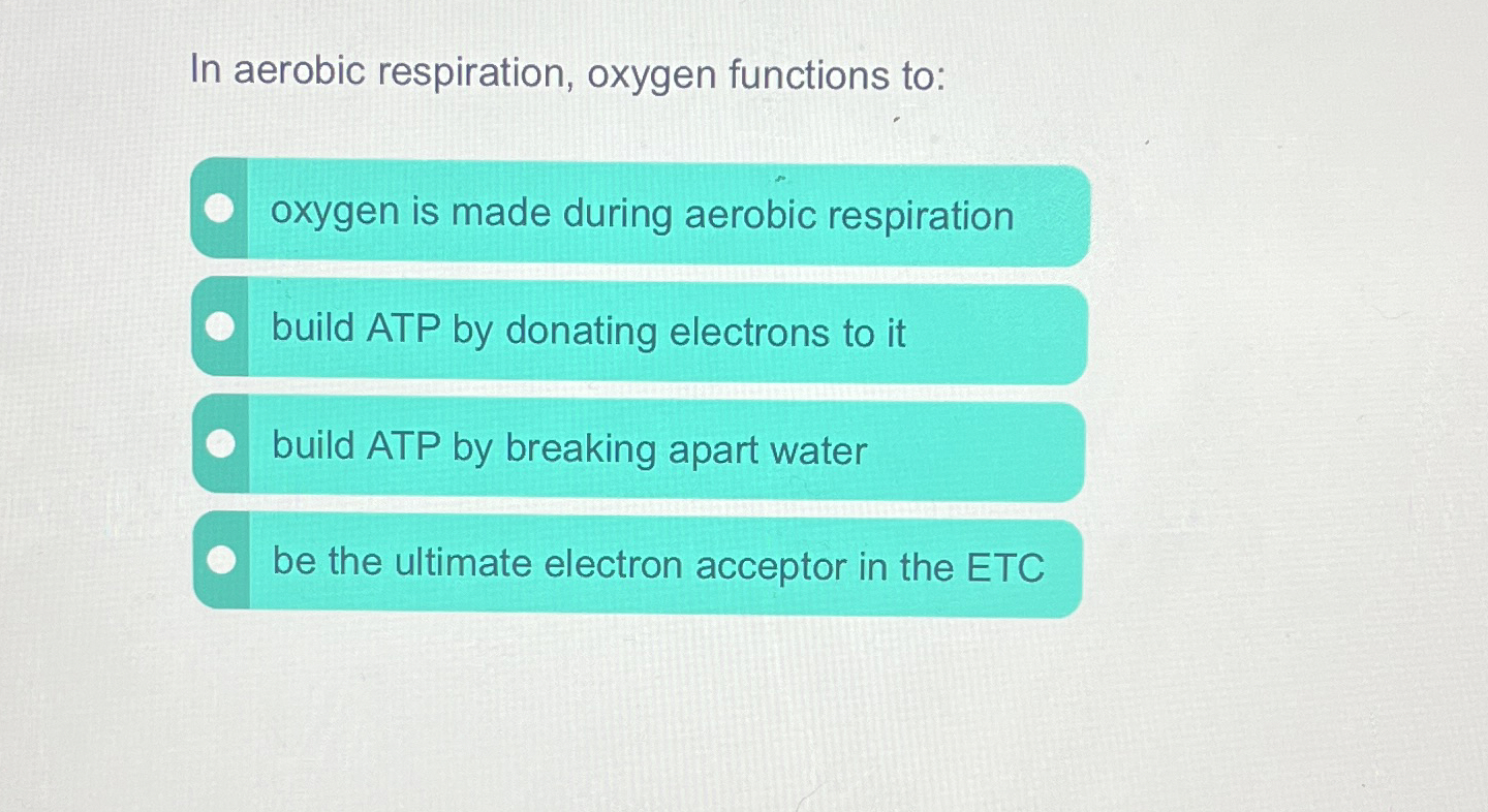 Solved In aerobic respiration, oxygen functions to:oxygen is | Chegg.com