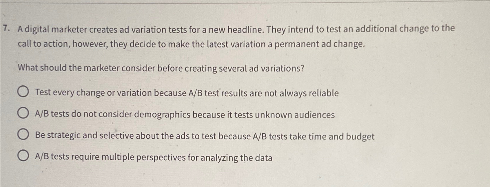 Solved A digital marketer creates ad variation tests for a | Chegg.com