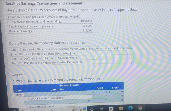 Solved Retained Earnings: Transactions and Statement The | Chegg.com