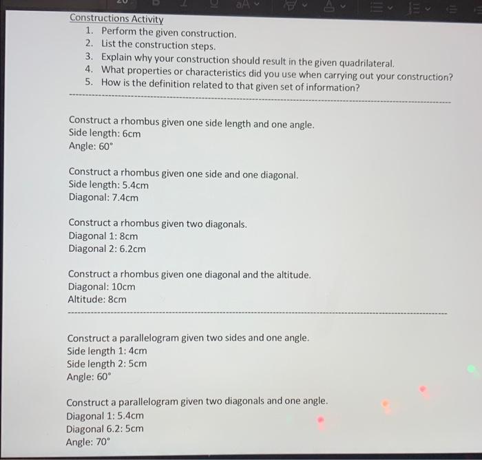 Solved Constructions Activity 1. Perform the given | Chegg.com
