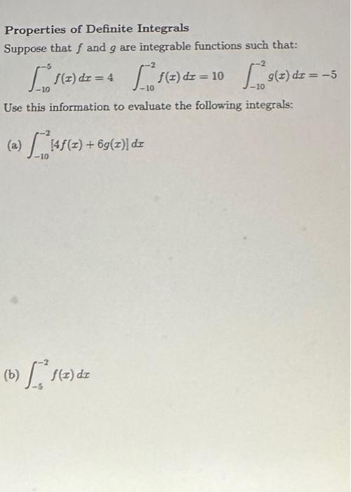 Solved Properties of Definite Integrals Suppose that f and g | Chegg.com
