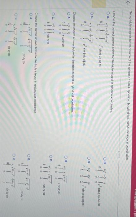 Solved Set up triple integrals for the volume of the sphere | Chegg.com