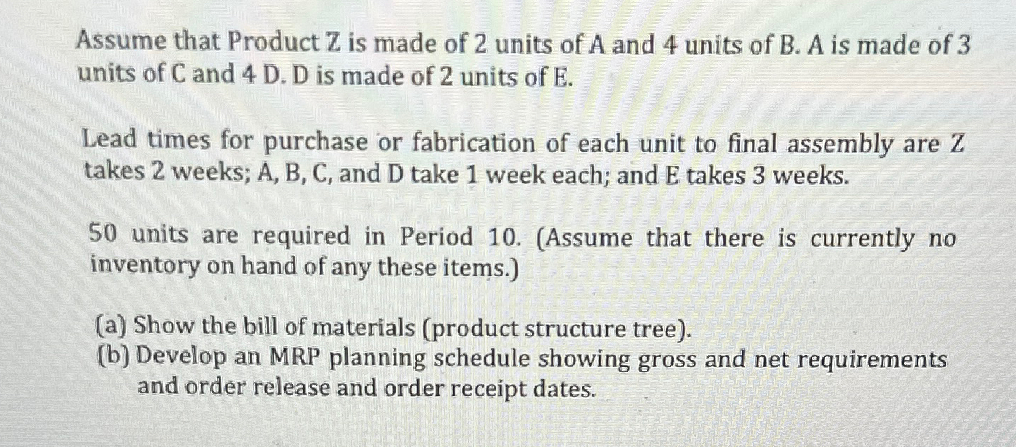 Solved Assume that Product Z ﻿is made of 2 ﻿units of A and 4 | Chegg.com