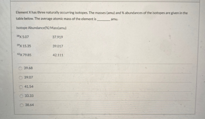 Solved Element X has three naturally occurring isotopes. The | Chegg.com