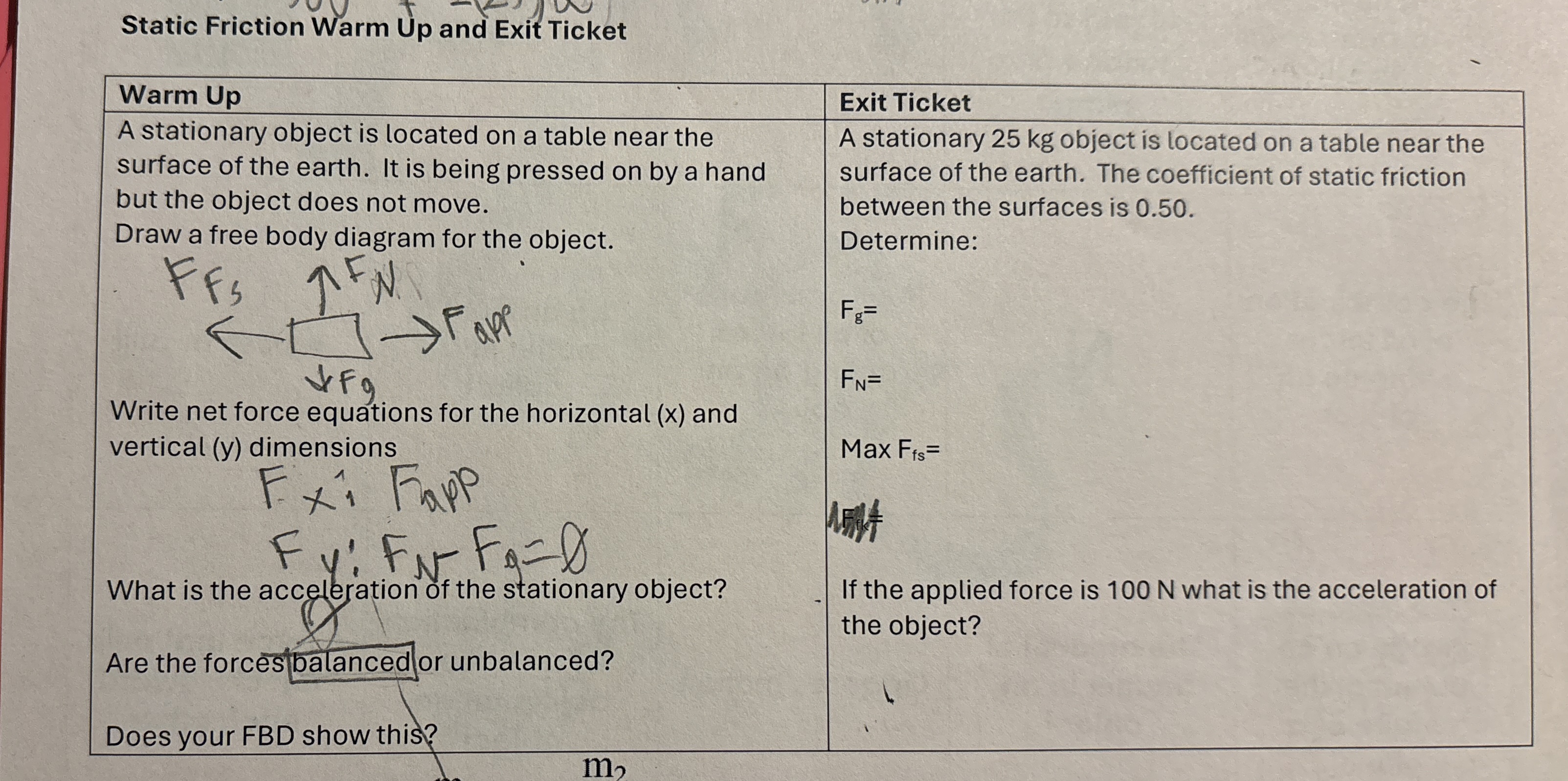 Solved Static Friction Warm Up and Exit Ticket\table[[Warm | Chegg.com
