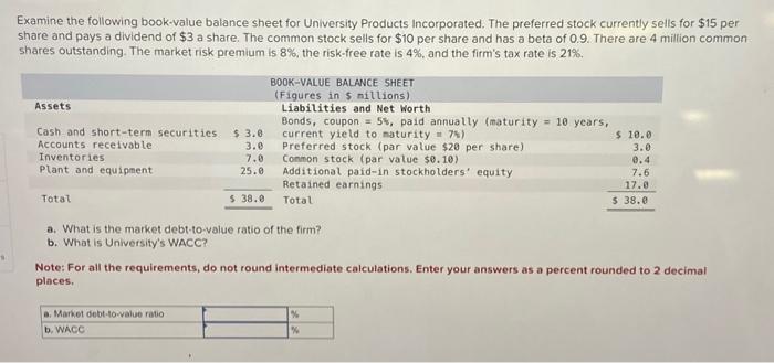 Solved Examine the following book-value balance sheet for | Chegg.com