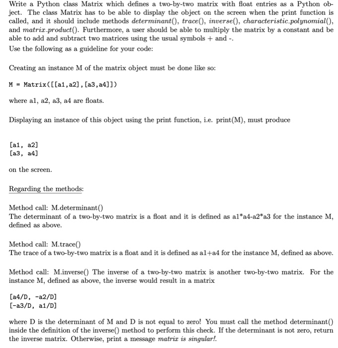 Solved Write a Python class Matrix which defines a | Chegg.com