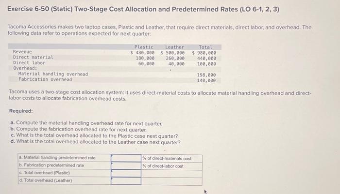 Solved Exercise 6-50 (Static) Two-Stage Cost Allocation and | Chegg.com