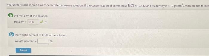 Solved Hydrochloric acid is sold as a concentrated aqueous | Chegg.com