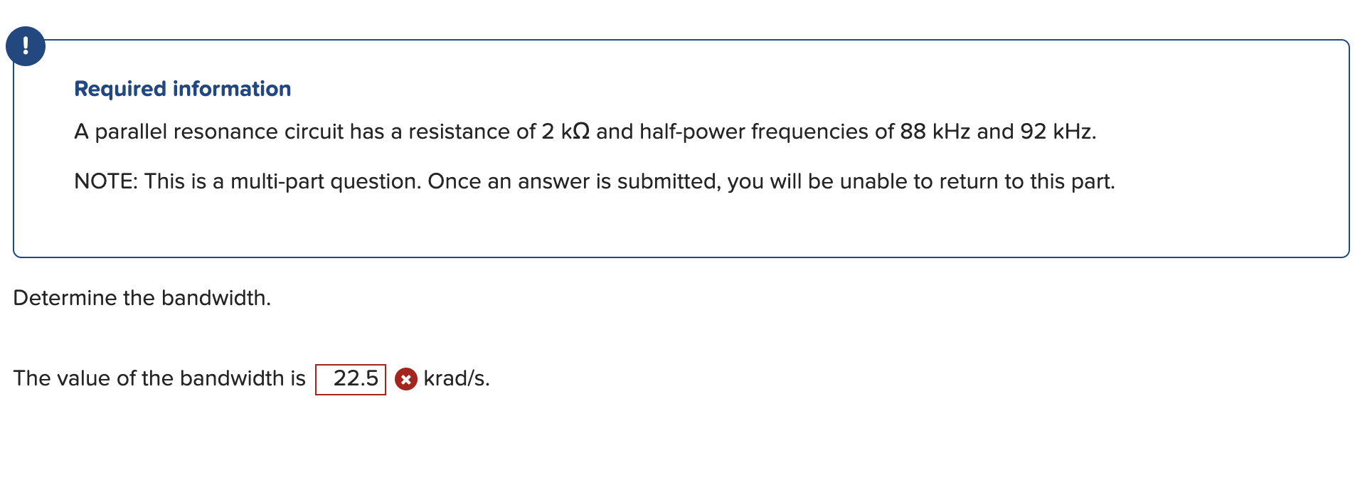 Solved !Required informationA parallel resonance circuit has | Chegg.com